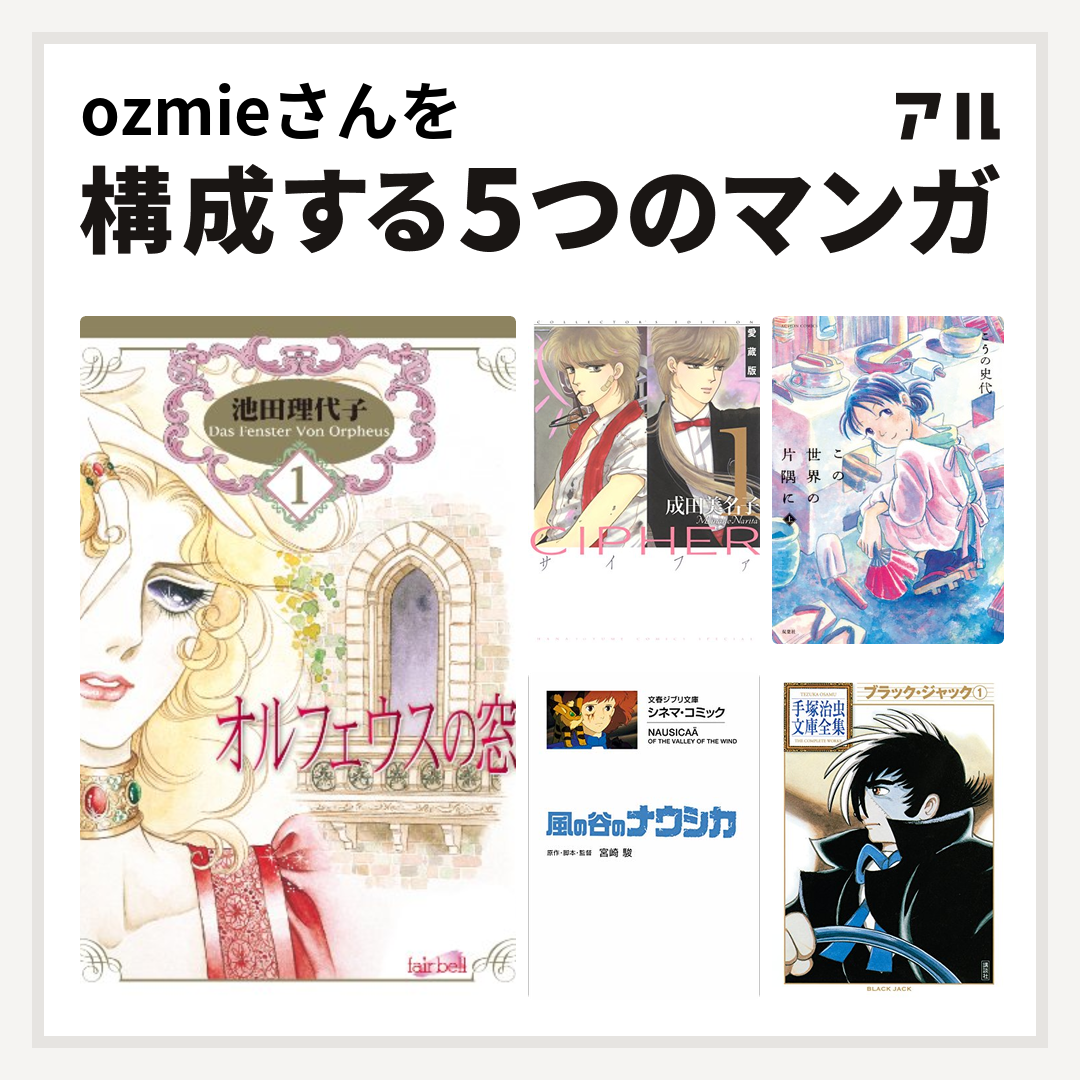 Ozmieさんを構成するマンガはオルフェウスの窓 Cipher この世界の片隅に 風の谷のナウシカ ブラック・ジャック 私を構成する5つの
